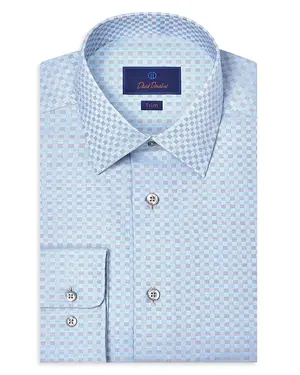 David Donahue Trim Fit Dobby Check Dress Shirt - Sky/ Grey