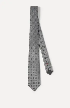 Brunello Cucinelli Silk Neck Tie With Squares Pattern - Light Grey