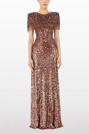 Jenny Packham Eugenie Sequin Fringed Maxi Dress - Bronze