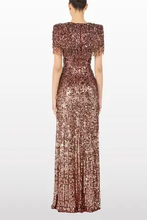 Jenny Packham Eugenie Sequin Fringed Maxi Dress - Bronze
