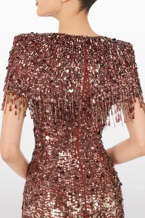 Jenny Packham Eugenie Sequin Fringed Maxi Dress - Bronze