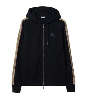 Burberry Cotton Check-trim Zip-up Hoodie - Navy