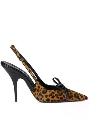Miu Miu Printed Leather Slingback Pumps With Bow Detailing - Brown