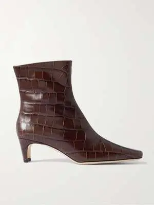 Staud Wally Croc-effect Leather Ankle Boots - Dark Brown