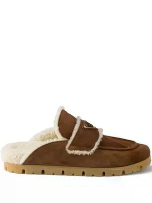 Prada Shearling Logo-plaque Mules - Brown
