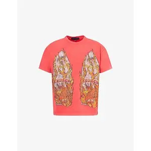WHO DECIDES WAR Rhinestone Flame-print Short-sleeve Cotton T-shirt - Ruby