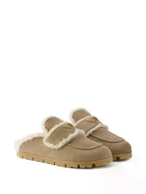 Prada Suede And Shearling Mules With Enameled Triangle Logo - Neutrals