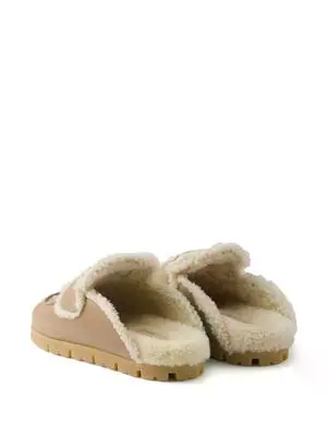 Prada Suede And Shearling Mules With Enameled Triangle Logo - Neutrals