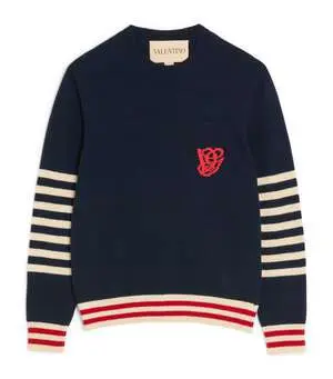 Valentino Garavani Wool Embroidered Stripe Sweater - Blue