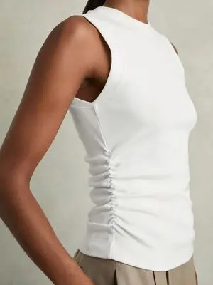 REISS Fine-rib Ruched Vest Top - White