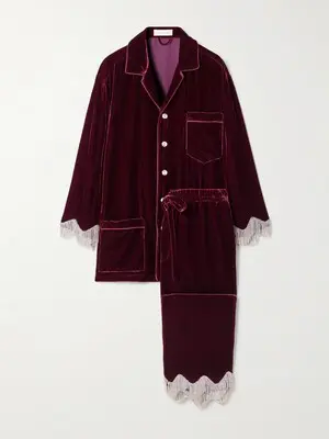 Olivia Von Halle Fifi Fringed Crystal-embellished Velvet Pajama Set - Burgundy