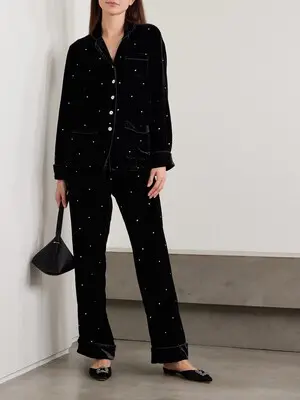 Olivia Von Halle Coco Crystal-embellished Velvet Pajama Set - Black