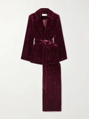 Olivia Von Halle Jagger Crystal-embellished Velvet Pajama Set - Burgundy