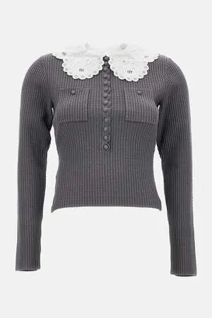 SELF-PORTRAIT Knit Top With Wide Collar - Grey
