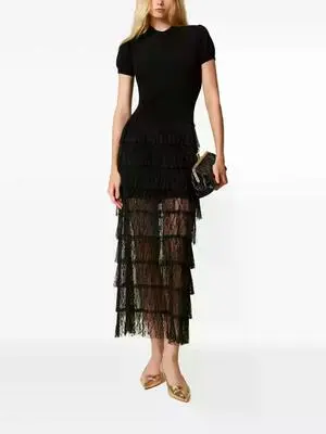 TWINSET Long Knit Dress With Tiered Plumetis Lace Skirt