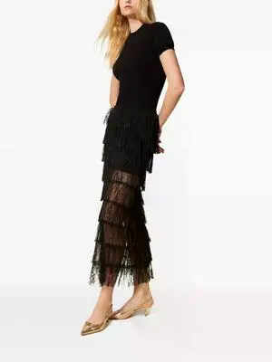 TWINSET Long Knit Dress With Tiered Plumetis Lace Skirt