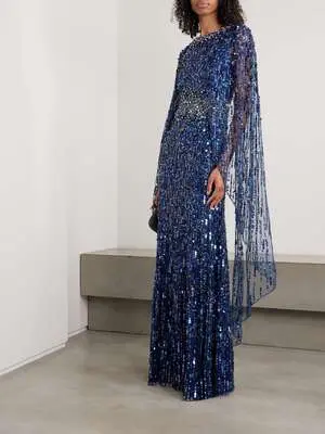 Jenny Packham Cape-effect Embellished Tulle Gown