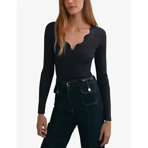 REISS Knitted Top With Crochet Trim - Navy