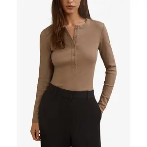 REISS Rina Half-button Stretch-cotton Top - Chocolate Brown