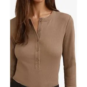 REISS Rina Half-button Stretch-cotton Top - Chocolate Brown