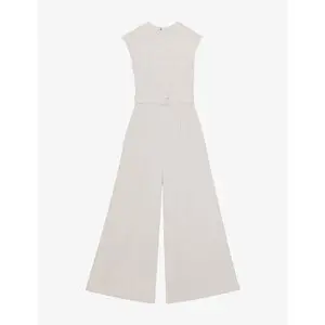 REISS Belted-waist Stretch-woven Jumpsuit - Ivory