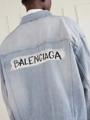 Balenciaga Oversized Distressed Printed Denim Jacket - Blue