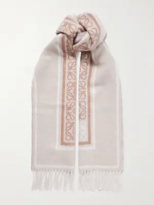 Loewe Fringed Wool And Cashmere-blend Jacquard Scarf - Neutrals