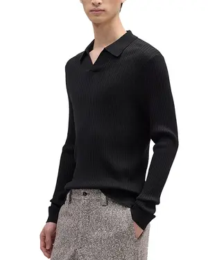 Nn07 Paul Ribbed Open Collar Polo Sweater - Black