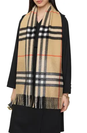 Burberry Crystal Embellished Check Cashmere Fringe Scarf - Sand