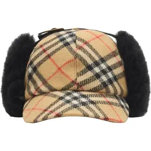 Burberry Check Wool Flannel & Genuine Shearling Trapper Cap - Sand Ip Check