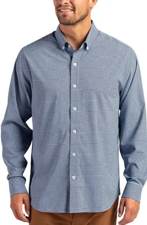 Cutter & Buck Skyline Epic Confidence Check Stretch Button-down Shirt - Pale Blue/navy Blue