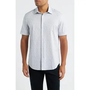 Bugatchi Miles Ooohcotton® Leaf Print Short Sleeve Button-up Shirt - Sand