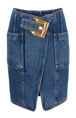 Balmain Denim Skirt With Anthem Buckle Belt - Blue