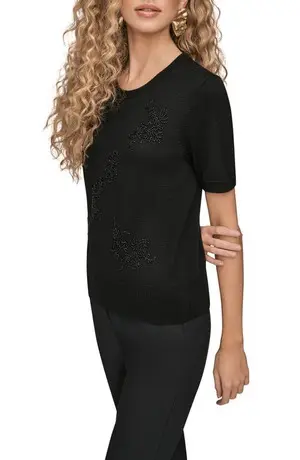 Donna Karan New York Floral-embellished Merino Wool Knit Top