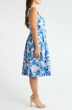 TAHARI ASL Floral Print Belted Sleeveless Dress