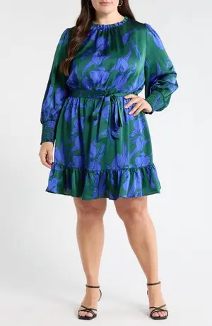 SUGARLIPS Floral Sevilla Satin Long Sleeve Dress - Emerald-multi