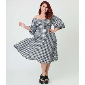 Unique Vintage Peasant Sleeve Swing Dress - Black & White Gingham