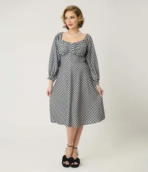 Unique Vintage Peasant Sleeve Swing Dress - Black & White Gingham