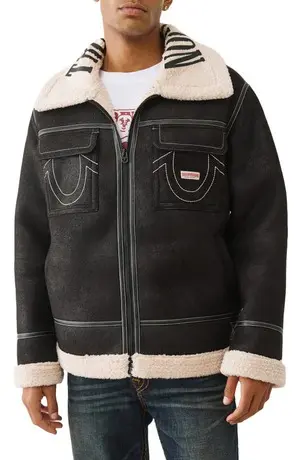 True Religion Faux Leather Jacket With Faux Shearling Trim