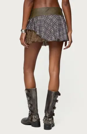 EDIKTED Plaid & Lace Mini Skirt
