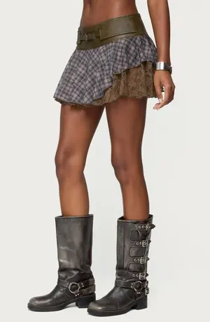 EDIKTED Plaid & Lace Mini Skirt