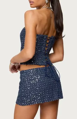 EDIKTED Strapless Sequin Denim Crop Top