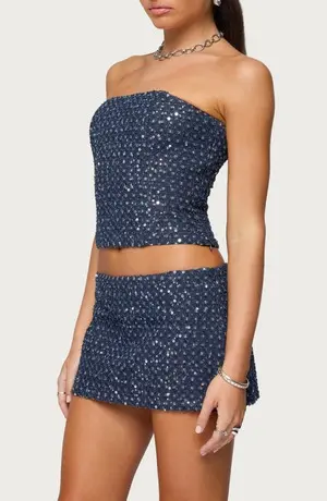 EDIKTED Strapless Sequin Denim Crop Top