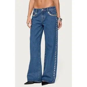 EDIKTED Iridescent Button Wide Leg Jeans - Blue-washed