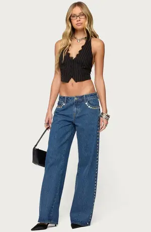 EDIKTED Iridescent Button Wide Leg Jeans - Blue-washed
