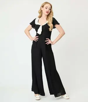 Unique Vintage Wide Leg Jumpsuit - Black & White Accent