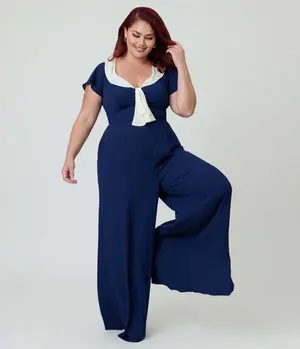 Unique Vintage Wide Leg Jumpsuit - Navy Blue