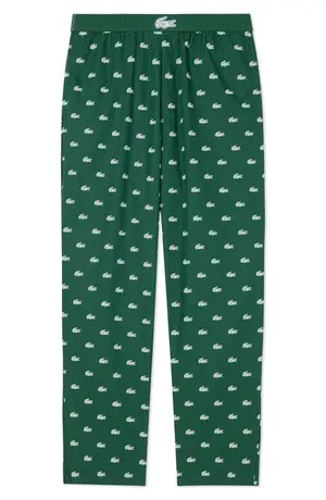 Lacoste Logo Print Cotton Pajama Pants - 291 Green/white