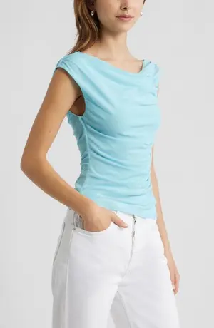 OPEN EDIT Cap Sleeve Mesh Top - Blue Atomizer