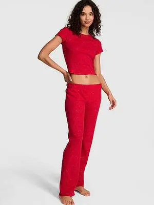 Pink Pointelle Tee & Pajama Pant Set - Red